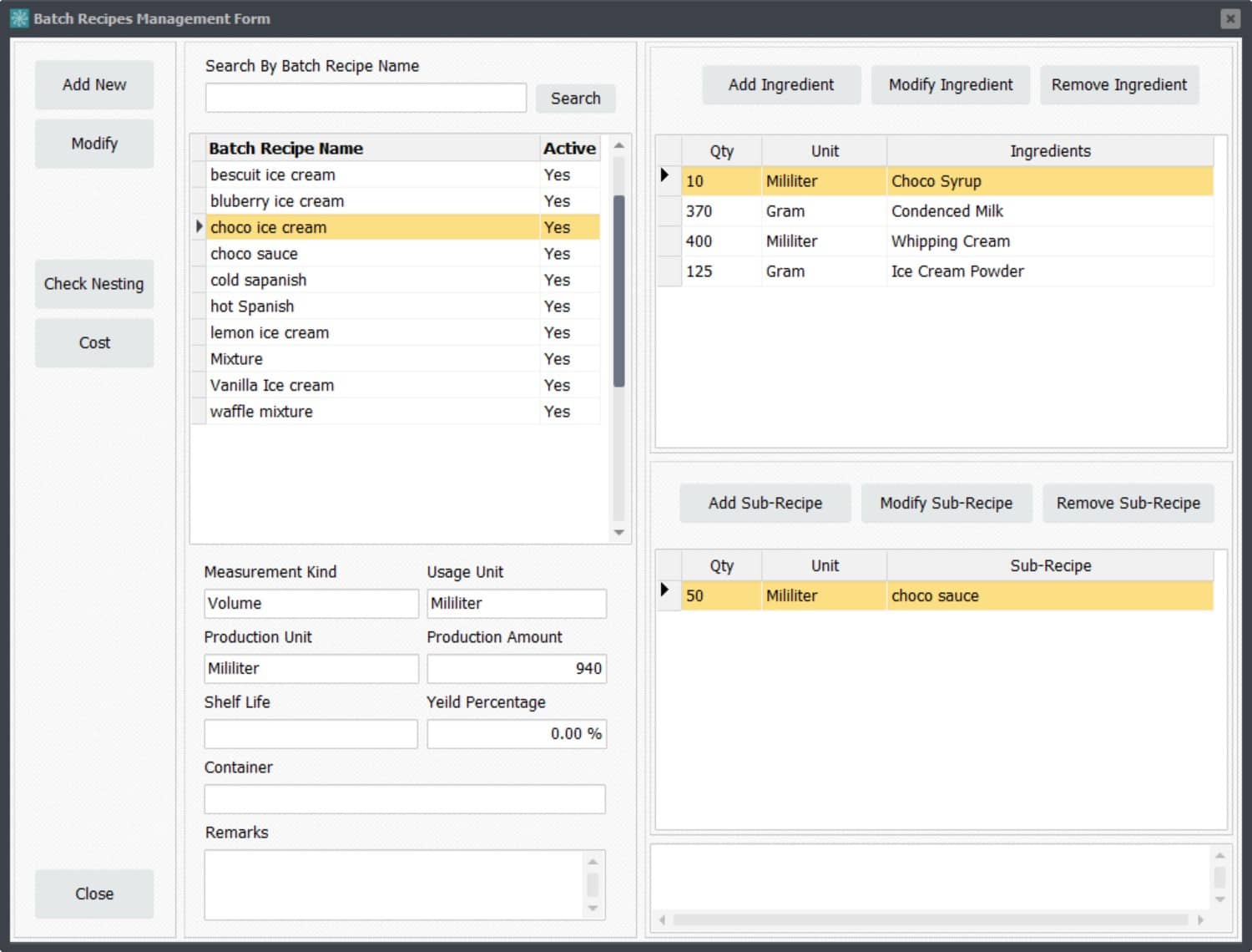 Restaurant Recipe Management